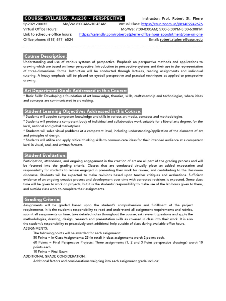 Art230 Perspective CourseSyllabus Sp2021 | PDF | Academic Dishonesty