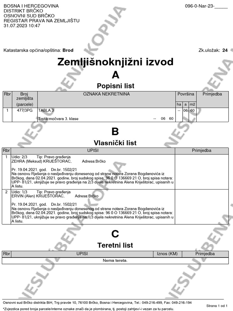 Zemljišnoknjižni Izvod A: Popisni List | PDF