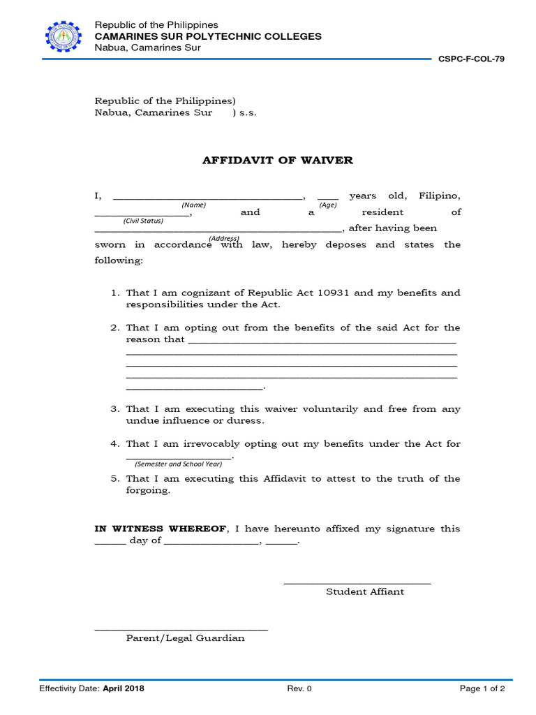 Affidavit of Waiver | PDF | Affidavit | Evidence