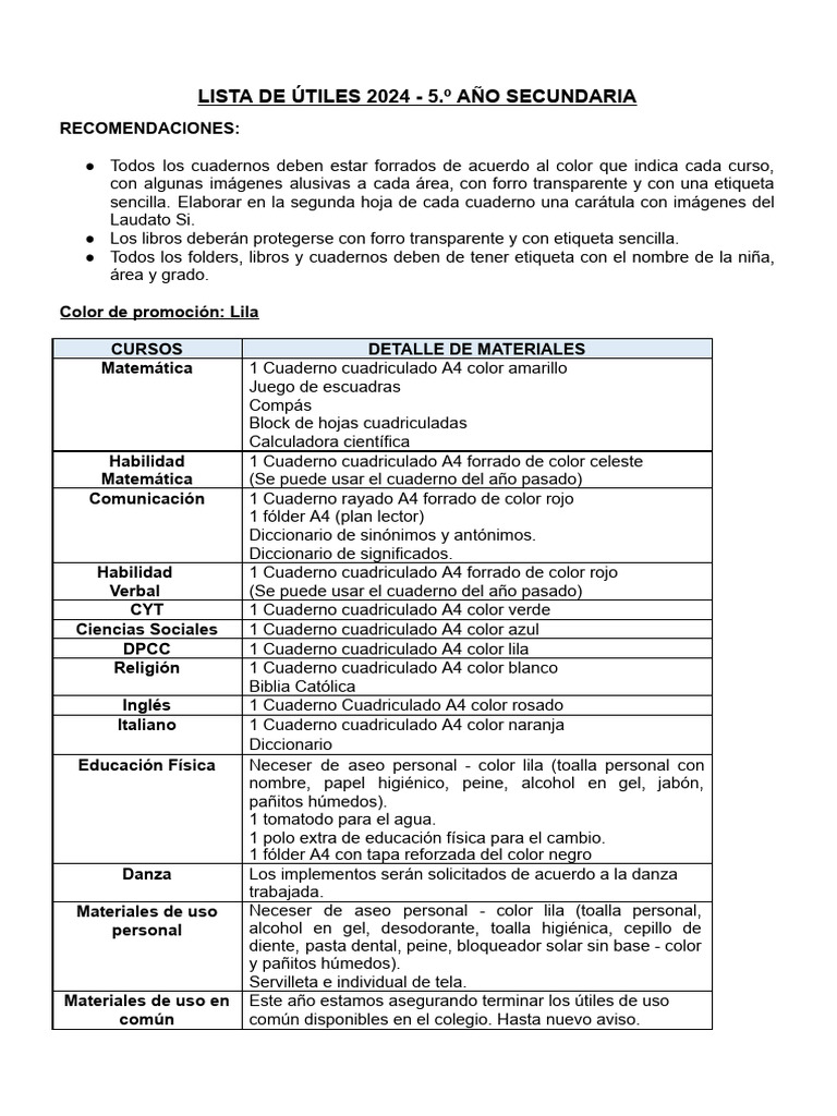 5â° Secundaria - Lista de Ã Tiles 2024 | PDF | Color | Cuaderno