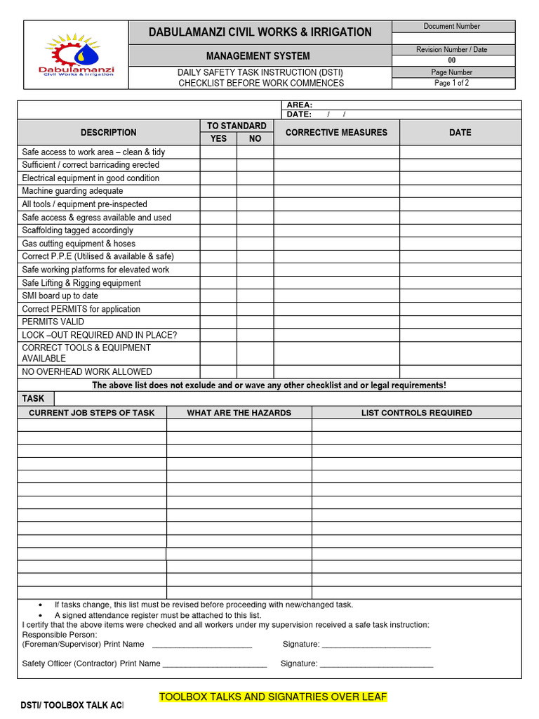 Daily Safety Task Instruction (DSTI) | PDF | Occupational Safety And ...