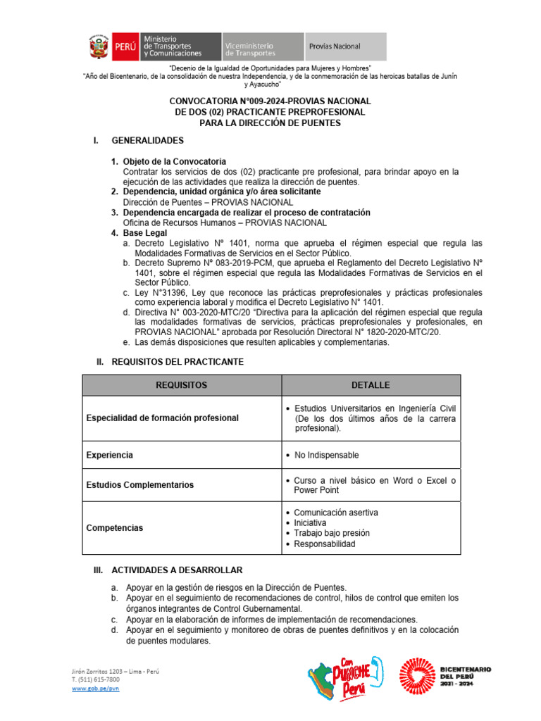 Base Practicas Preprofesionales N°009-2024 | PDF | Gestión de recursos ...