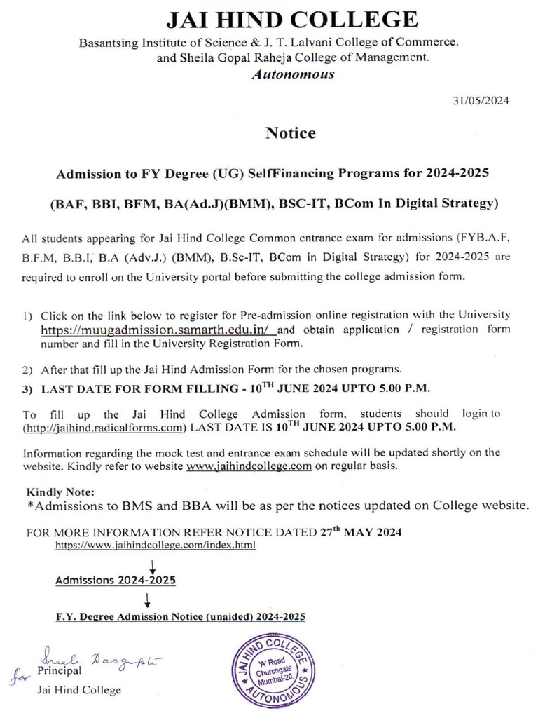 Admission To Fy Degree Ug Self Financing Programs JHC Cee For The ...