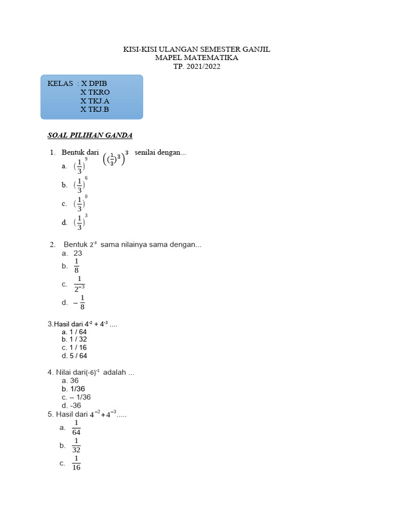 Kisi-Kisi Matematika Kelas X | PDF | Metode & Bahan Ajar