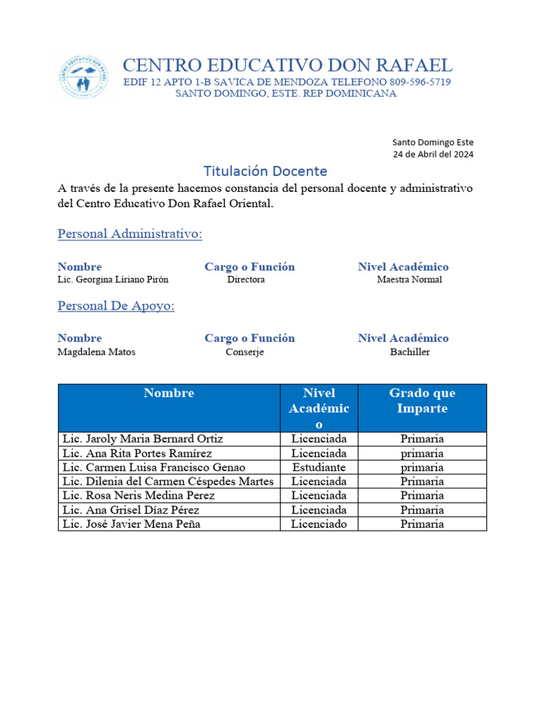 Centro Educativo Don Rafael | PDF