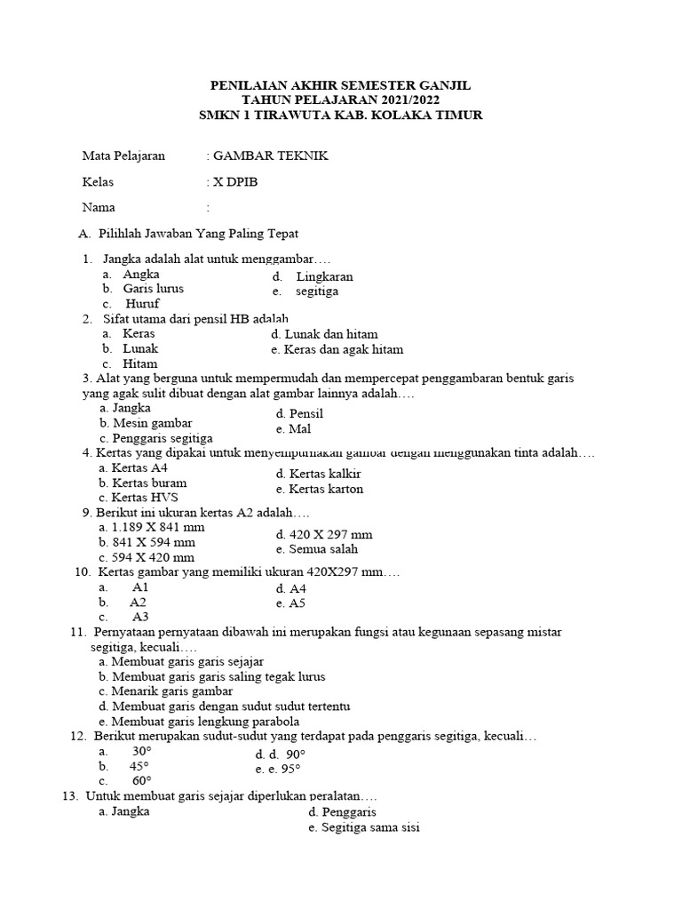 Soal Gambar Teknik Kelas X DPIB | PDF