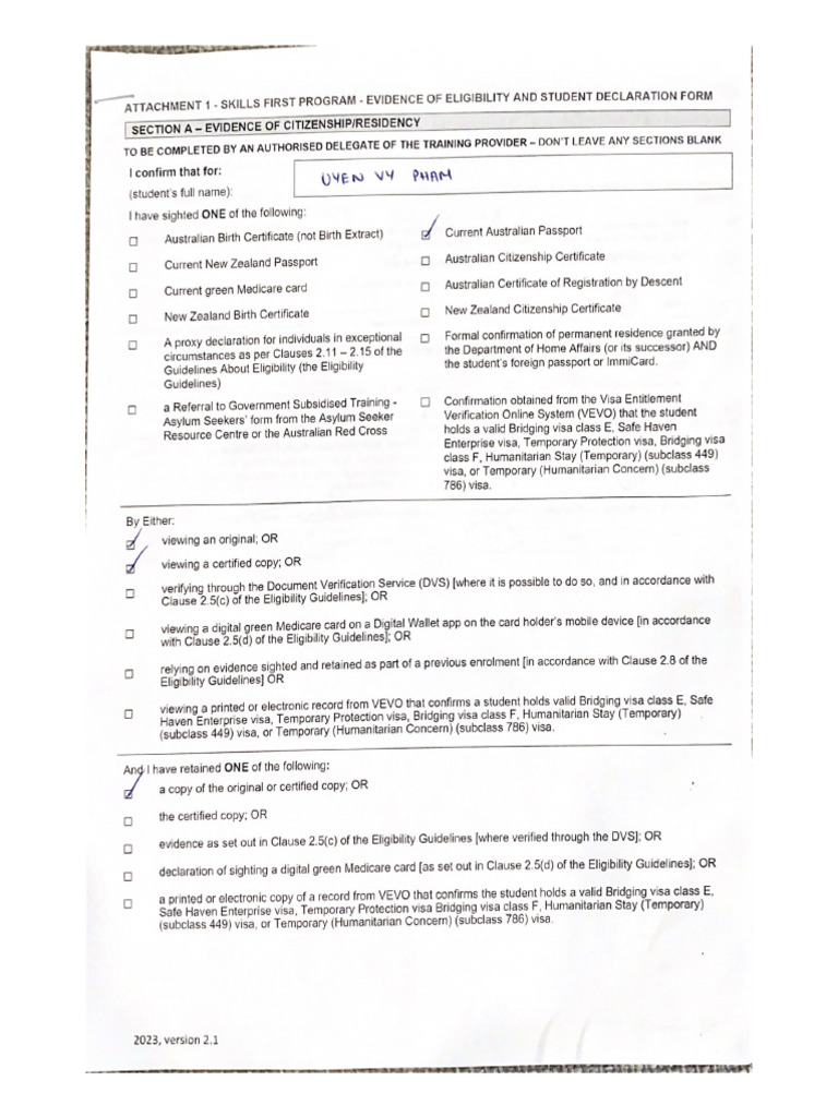 Skills First Program - Evidence of Eligibility and Student Declaration ...