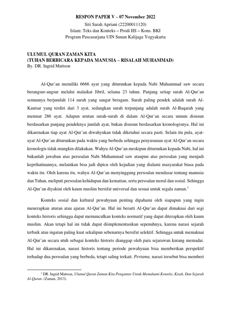 Respon Paper Buku Ulumul Quran Zaman Kita Bab 1-2 | PDF