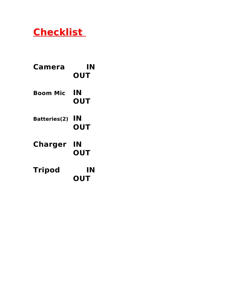Checklist: Camera IN OUT IN OUT IN OUT Charger IN OUT Tripod IN OUT | PDF