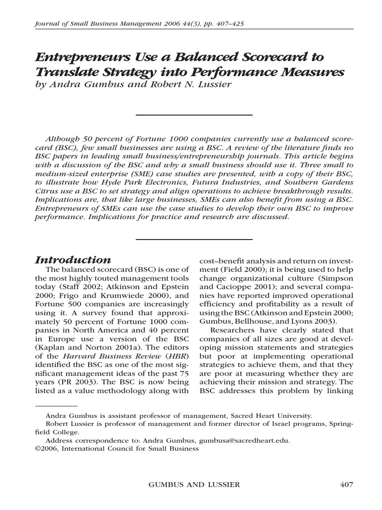 Entrepreneurs Use A Balanced Scorecard T | PDF | Employment ...