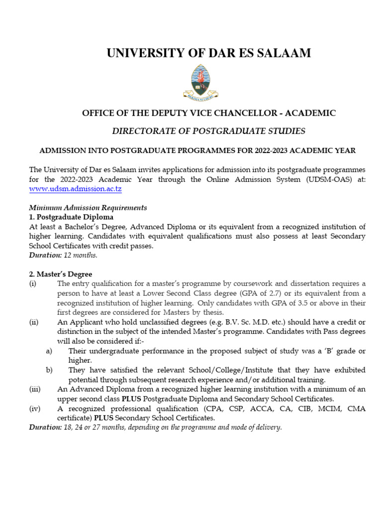 Call For Application For Udsm Postgraduate Studies 2022-2023 Academic ...
