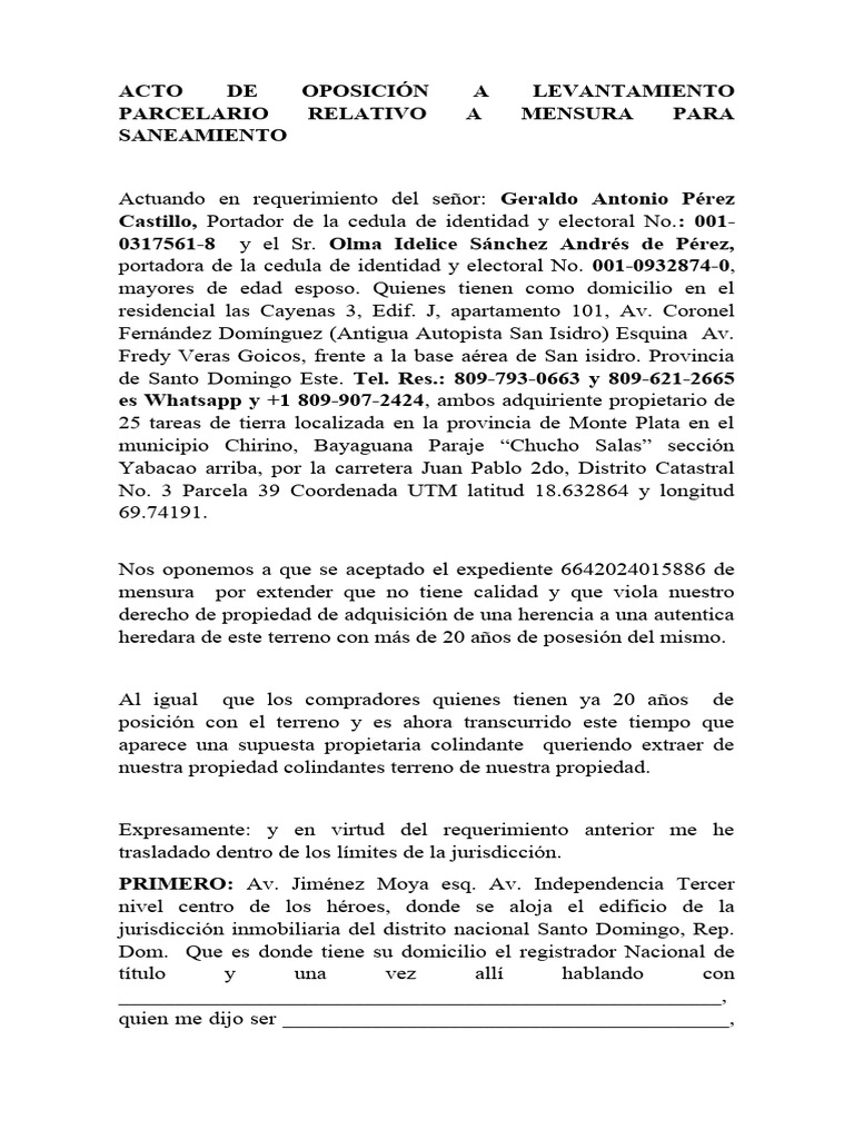 ACTO DE OPOSICIÓN A LEVANTAMIENTO PARCELARIO RELATIVO A MENSURA PARA ...