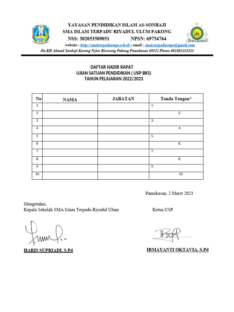 Daftar Hadir Rapat USP 23 SMA Rubi | PDF