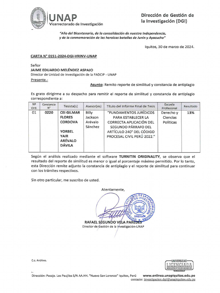 Carta #0151-2024-Dgi-Vrinv-Unap | PDF