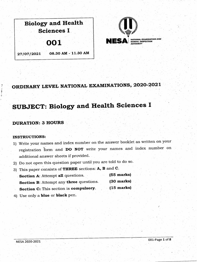 2021 Biology Health Sciences Past Paper | PDF