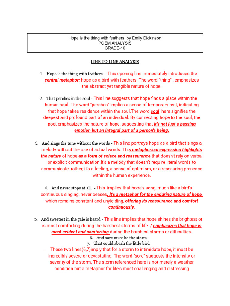 Hope Is The Thing With Feathers Grade 10 Analysis | PDF | Poetry | Hope