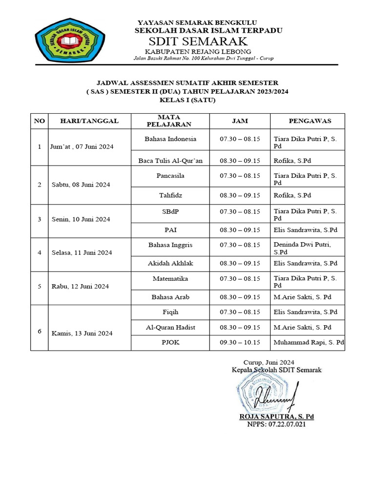 Benar Jadwal PAS Atau SAS Semester 2 Tahun Ajaran 2023-2024 | PDF