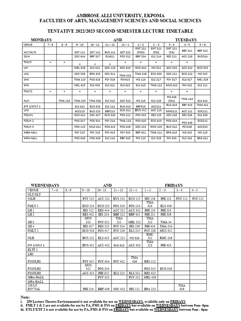 Faculties of A, MS, & Ss 2022.20203second Semester Lecture Timetable | PDF