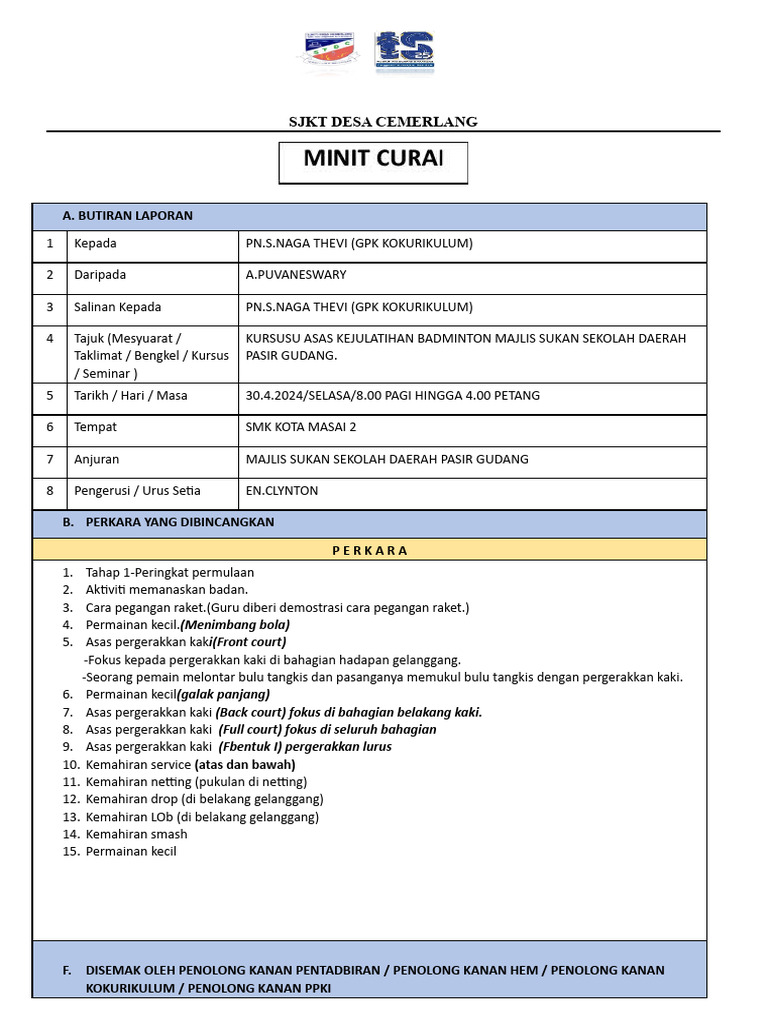 MINIT CURAI BADMINTON BIL 1 2024 | PDF