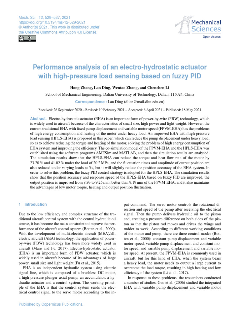 Performance Analysis of An Electro-Hydrostatic Actuator With High ... Performance Analysis of An Electro-Hydrostatic Actuator With High ...