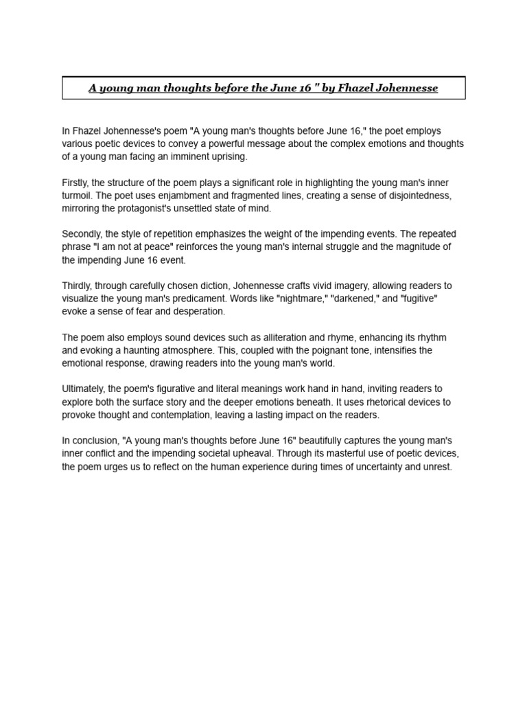 A young man thoughts before the June 16 by Fhazel Johennesse ANALYSIS | PDF