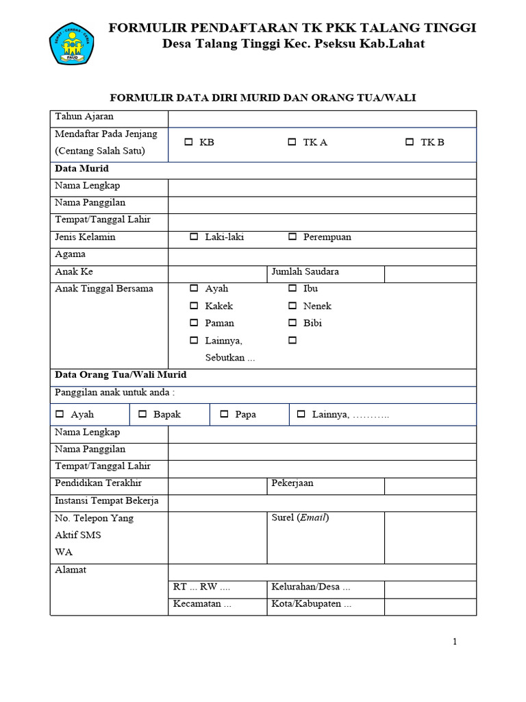 Formulir-Pendaftaran-PAUD-Anak-Ceria-2019-2020 | PDF
