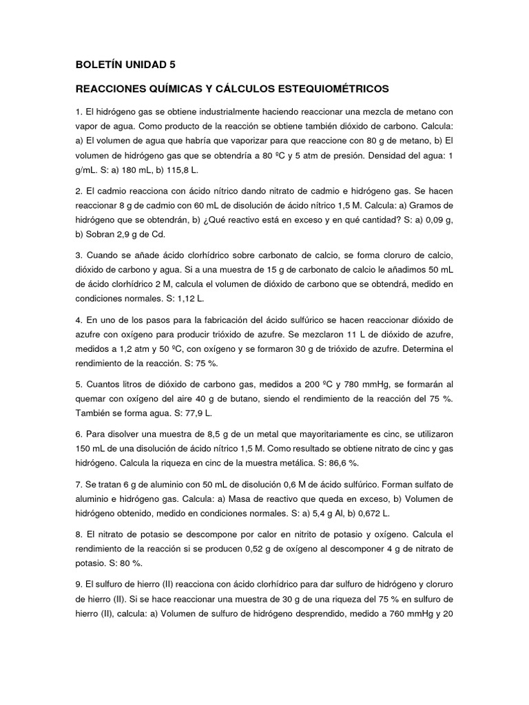 Boleetín 5. Reacciones Químicas y Cálculos Estequiométricos | PDF | Ácido clorhídrico | Ácido