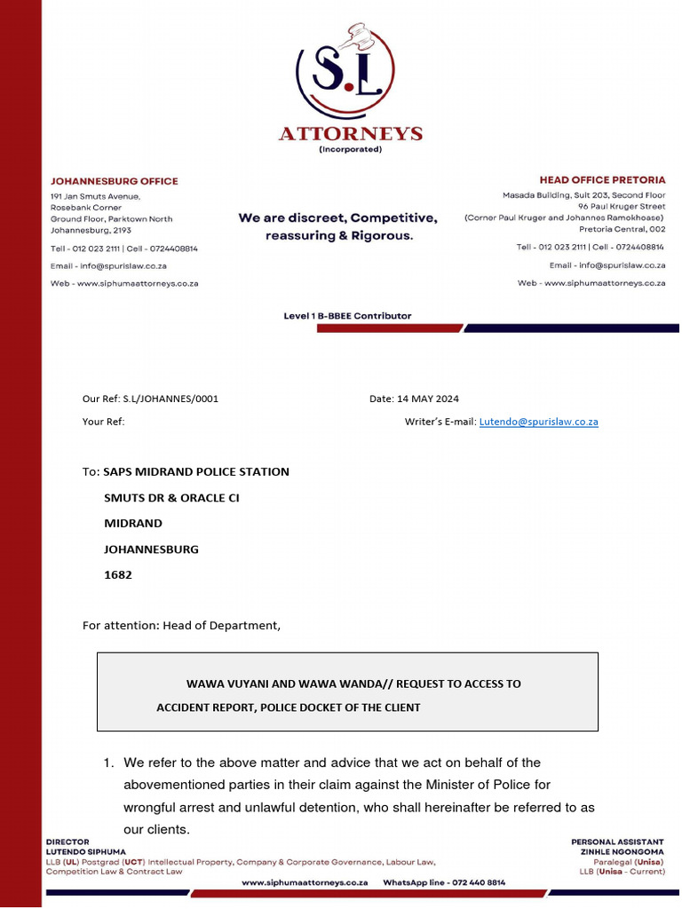 Letter To Midrand Saps | PDF | Detention (Imprisonment) | Justice