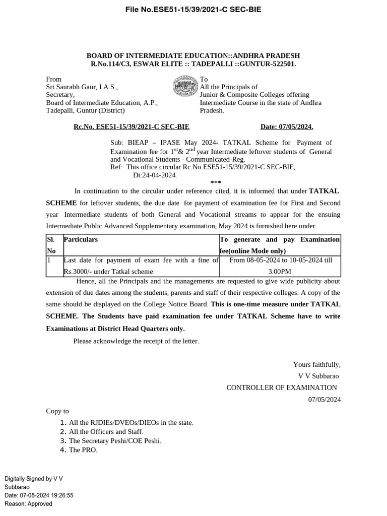 Letter To Principals Tatkal Scheme | PDF