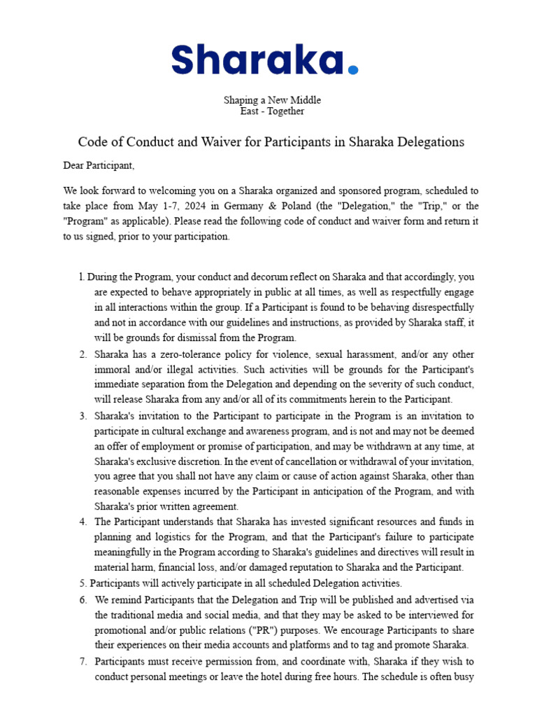 Sharaka Delegation Code of Conduct | PDF | Indemnity | Insurance