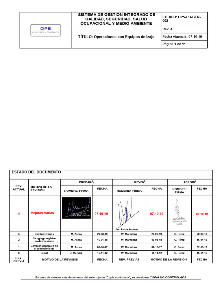 OPS-PO-GEN Nº002 Operaciones Con Equipos de Izaje Rev4 | PDF | Transmisión de energía eléctrica ...