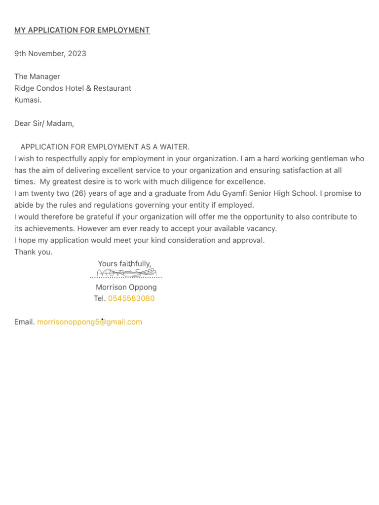 Waiter Job Application - Morrison Oppong | PDF | Career & Growth