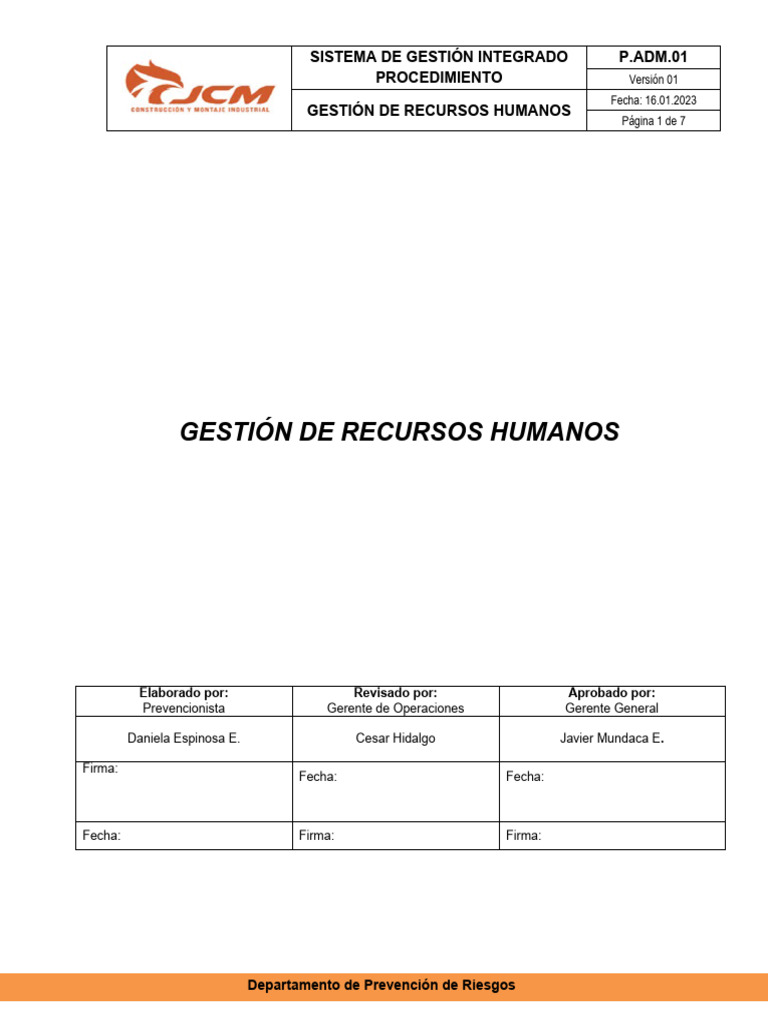 P.ADM.01-01 Gestión de Recursos Humanos | PDF | Gestión de recursos humanos | Seguridad y salud ...