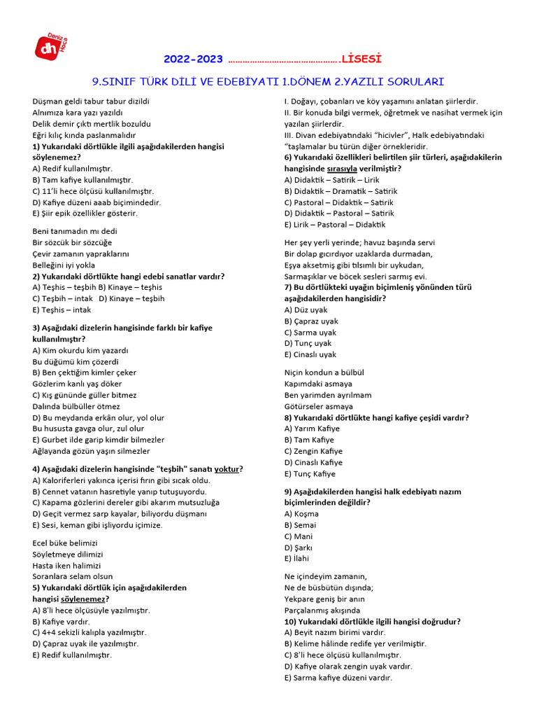 9.sinif Edebiyat 1.donem 2.sinav Soru Ve CEVAPLARI 2022 | PDF