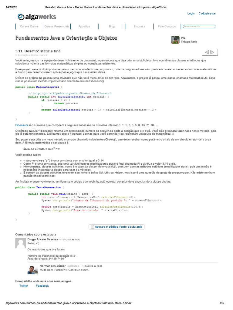 Desafio - Static e Final - Curso Online Fundamentos Java e Orientação A ...