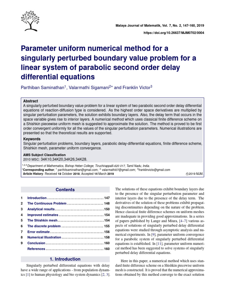 Parameter Uniform Numerical Method For A Singularly Perturbed Boundary Value Problem For A ...
