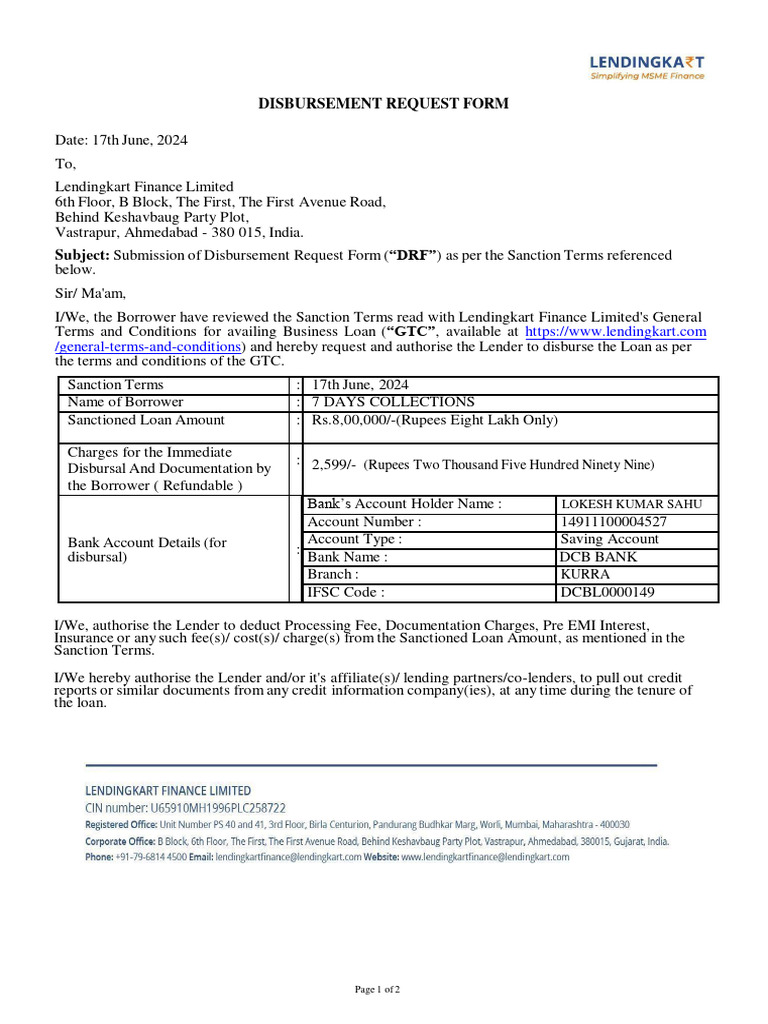Disbursal Request Form 7 Days Collections | PDF | Loans | Credit