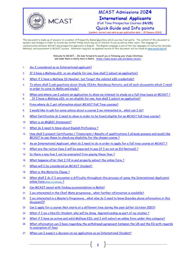 MCAST Admissions Guide for 2024 | PDF | International English Language ...