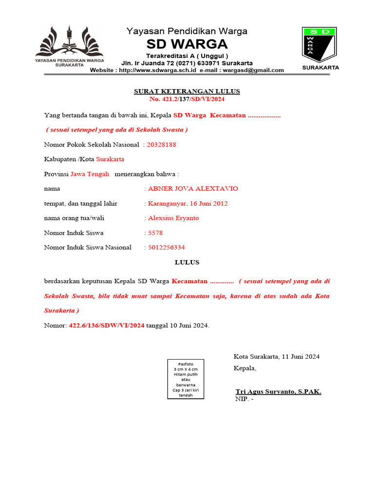 3.contoh SD Swasta Surat Keterangan Lulus (SKL) Sebelum Ijazah Terbit | PDF