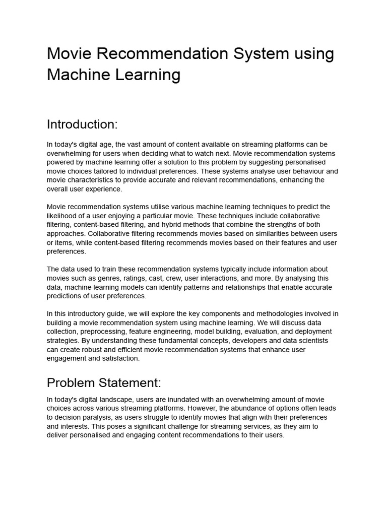 Movie Recommendation System Using Machine Learning | PDF | Machine ... Movie Recommendation System Using Machine Learning | PDF | Machine ...