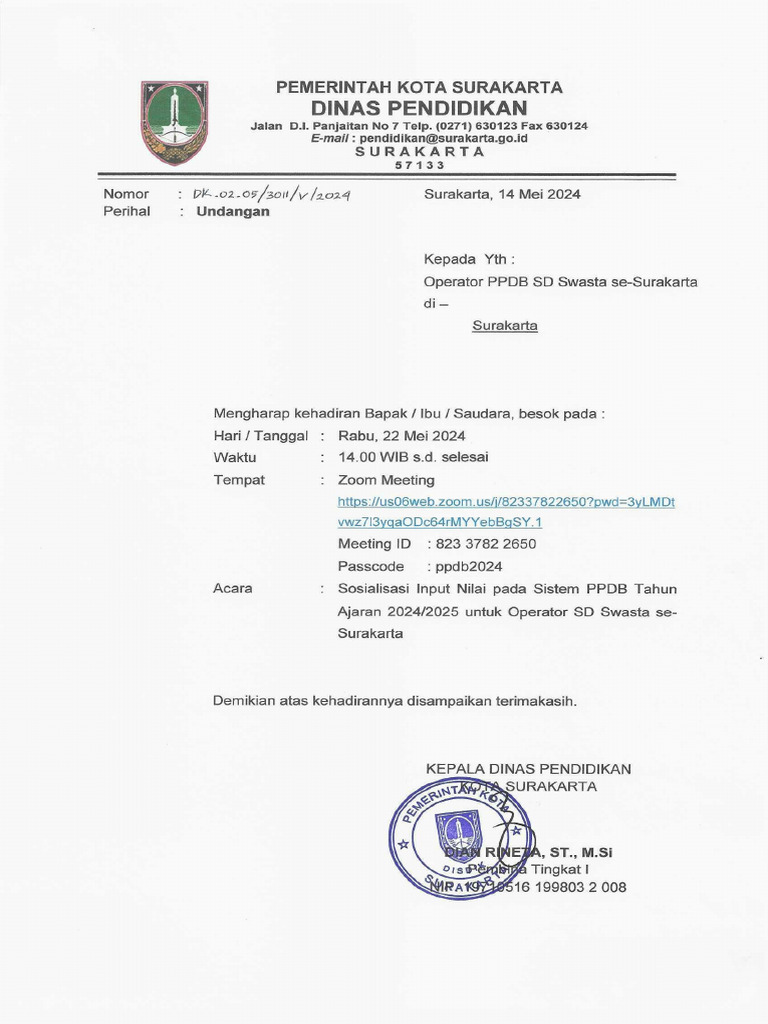 Undangan Sosialisasi Input Nilai Di Sistem PPDB SD Swasta | PDF