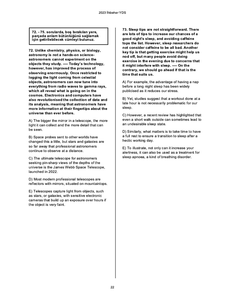 YDS 2023 Ilkbahar ParagrafTamamlamaSoruları | PDF