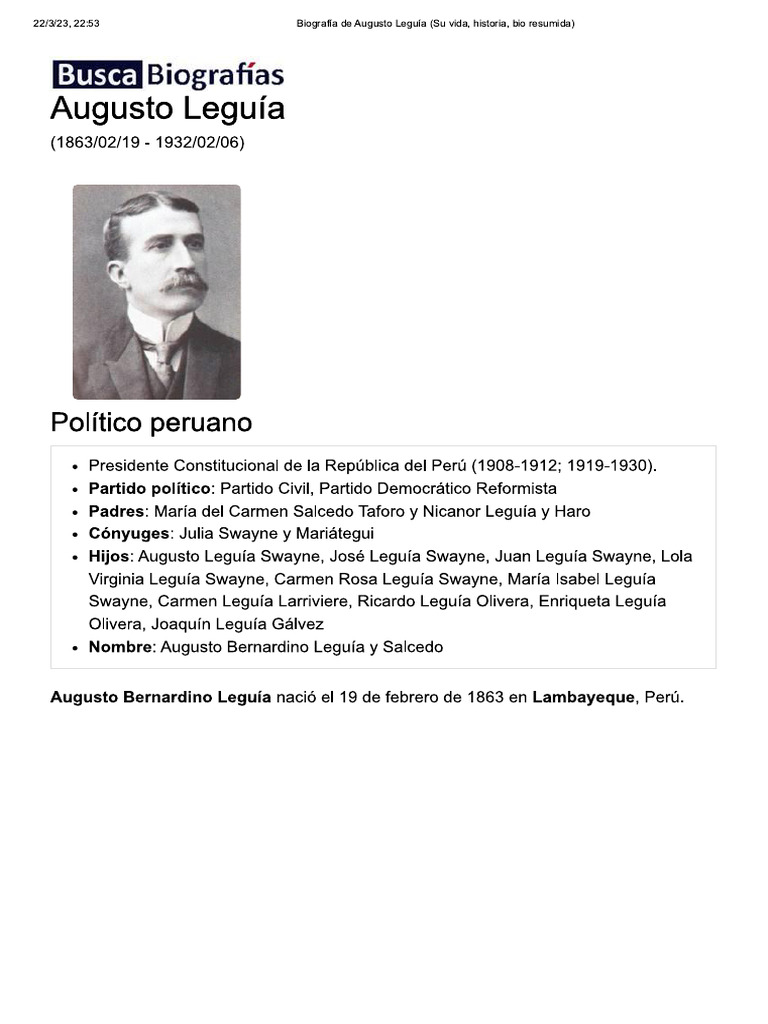 Biografía de Augusto Leguía (Su Vida, Historia, Bio Resumida) | PDF