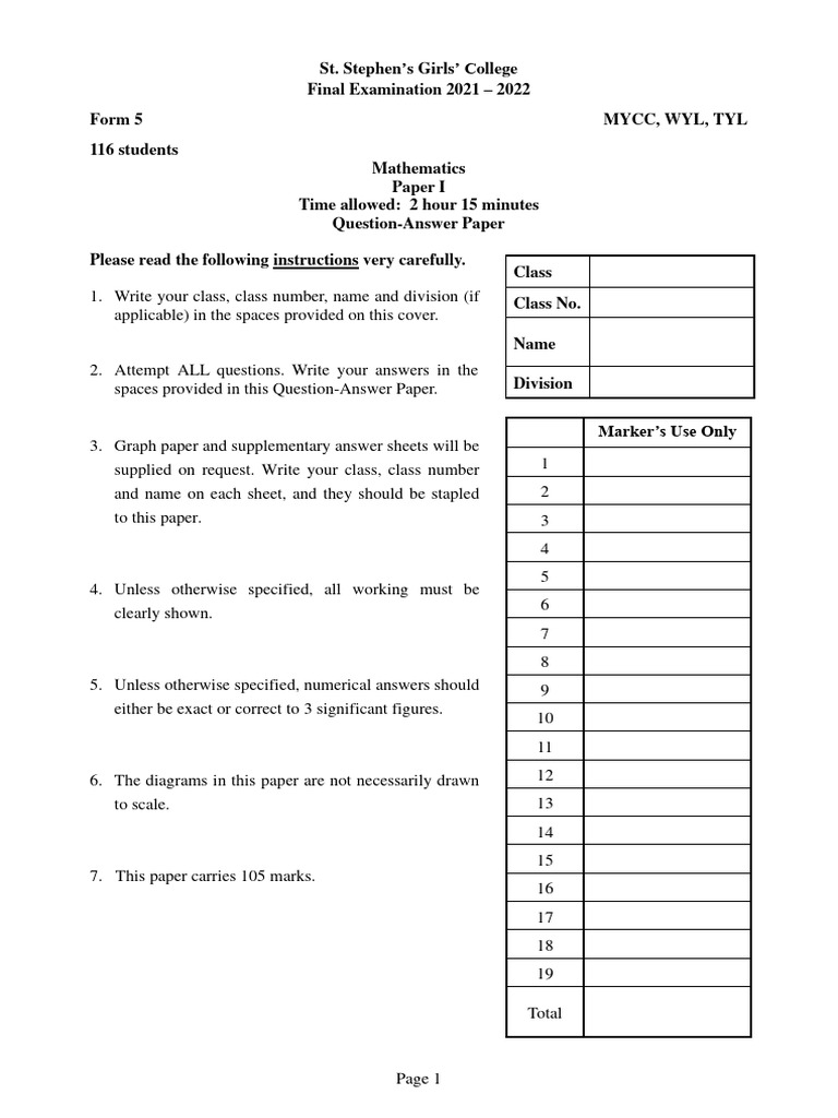 F5 Ma 21-22 Final Exam Paper 1 | PDF