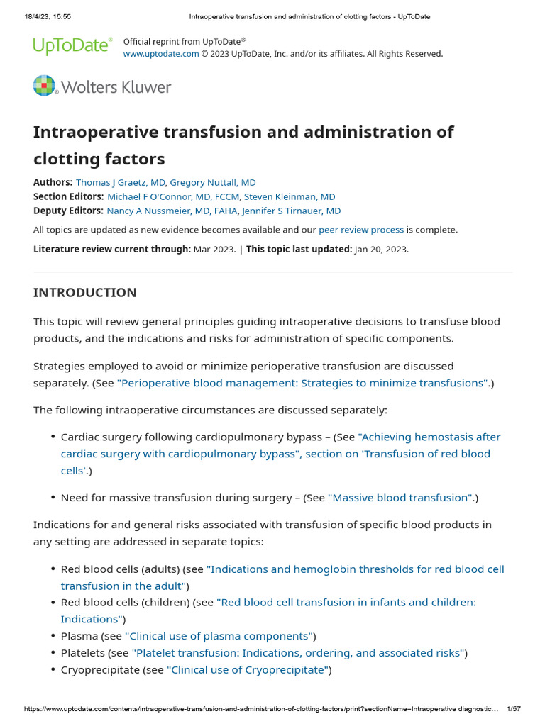 Intraoperative Transfusion and Administration of Clotting Factors - UpToDate | PDF | Blood ...