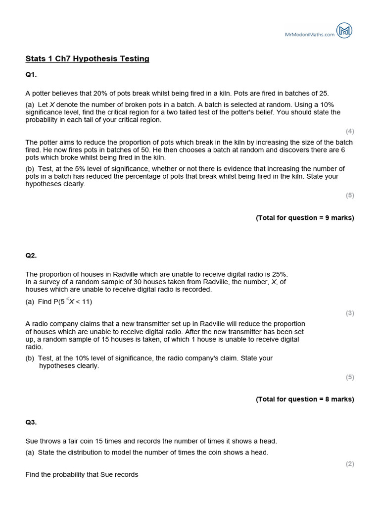 Stats 1 Ch7 - Hypothesis Testing | PDF | Hypothesis | Pottery