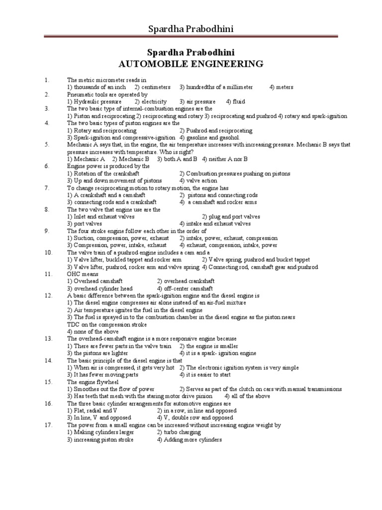 Auto Engineering Basics Quiz | PDF | Internal Combustion Engine | Clutch