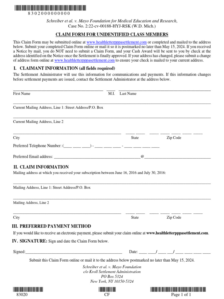 Schreiber V Mayo Unidentified Class Member Claim Form v4 | PDF ...