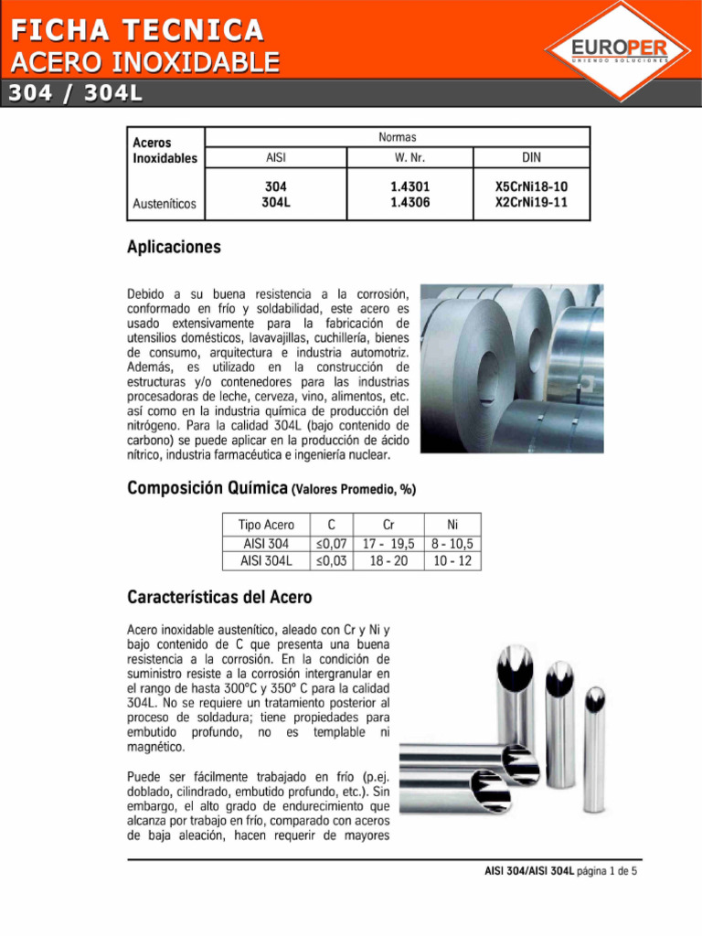 Fichas Tecnica Acero Inox.304 304l | PDF