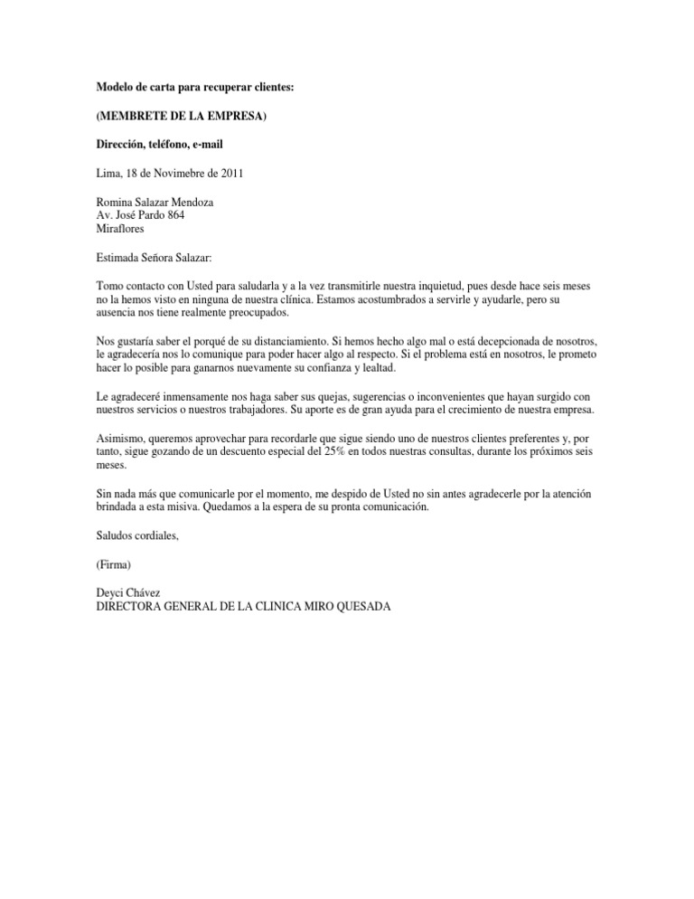 Modelo de Carta Para Recuperar Clientes